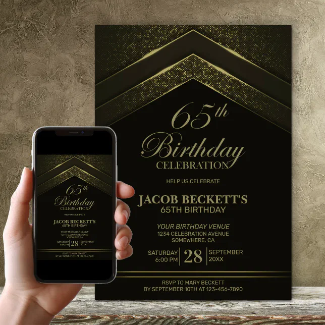 Modern Black Gold 65th Birthday Party Invitation | Zazzle