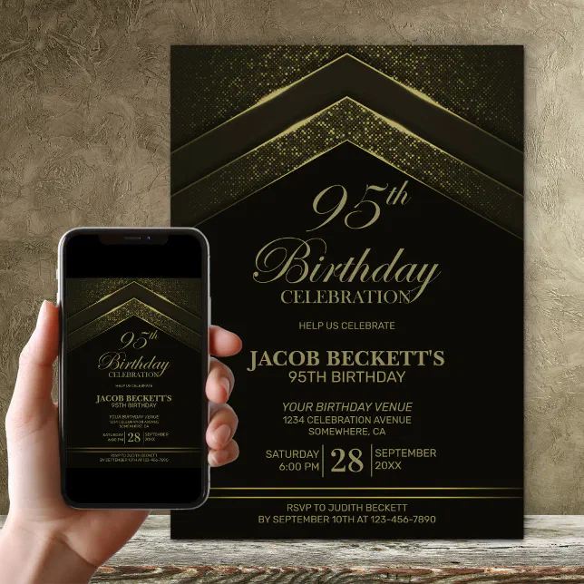 Modern Black Gold 95th Birthday Party Invitation | Zazzle