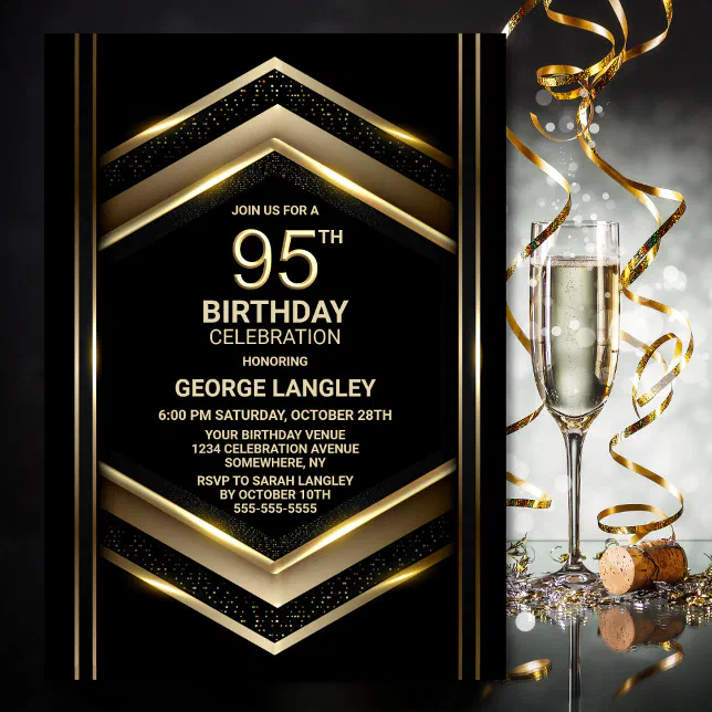 Modern Black Gold 95th Birthday Party Invitation | Zazzle