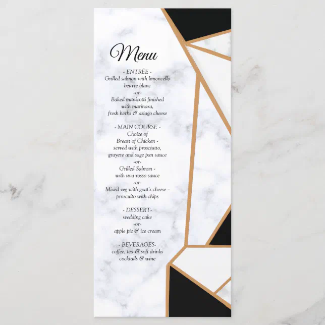 Modern Black Gold Abstract on White Marble Menu | Zazzle