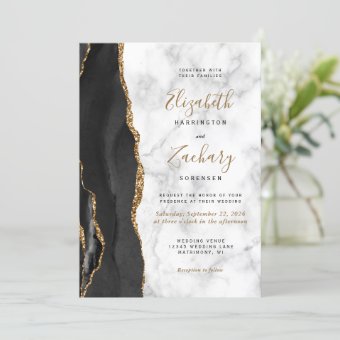 Modern Black Gold Agate Marble Wedding Invitation | Zazzle