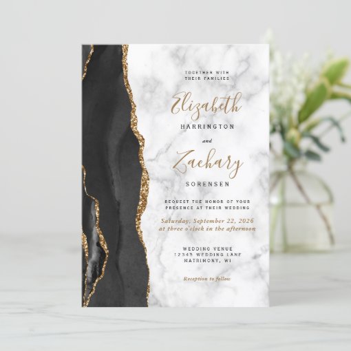 Modern Black Gold Agate Marble Wedding Invitation | Zazzle