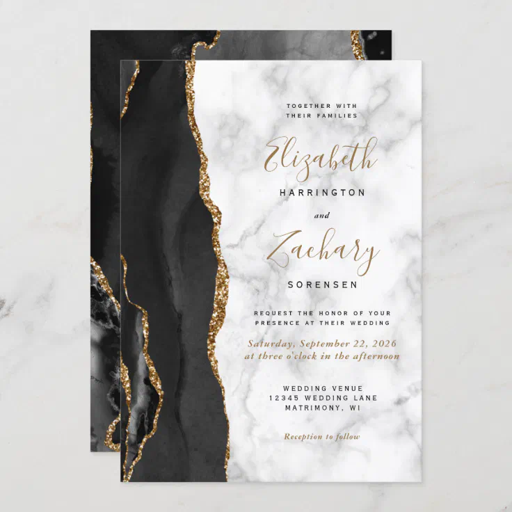 Modern Black Gold Agate Marble Wedding Invitation | Zazzle