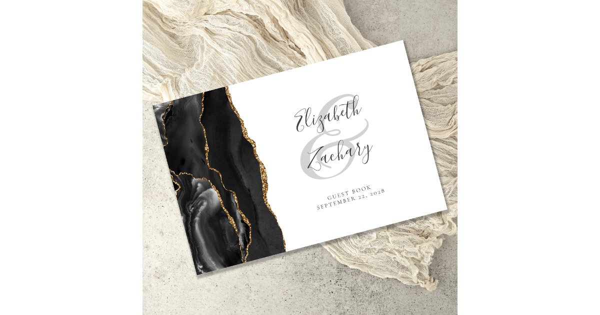 Modern Black Gold Agate Script Guest Book | Zazzle