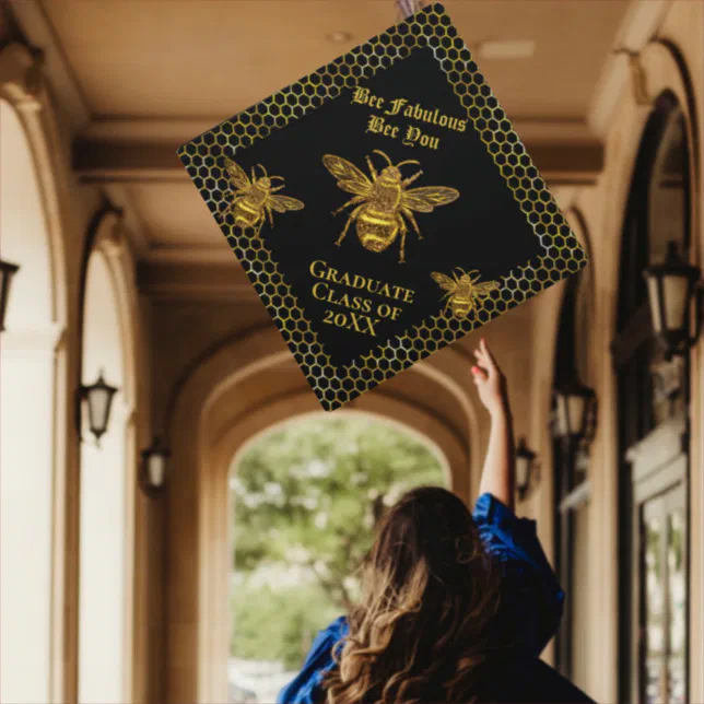 Modern Black Gold Bee Fabulous Bee You Queen Bee Graduation Cap Topper ...