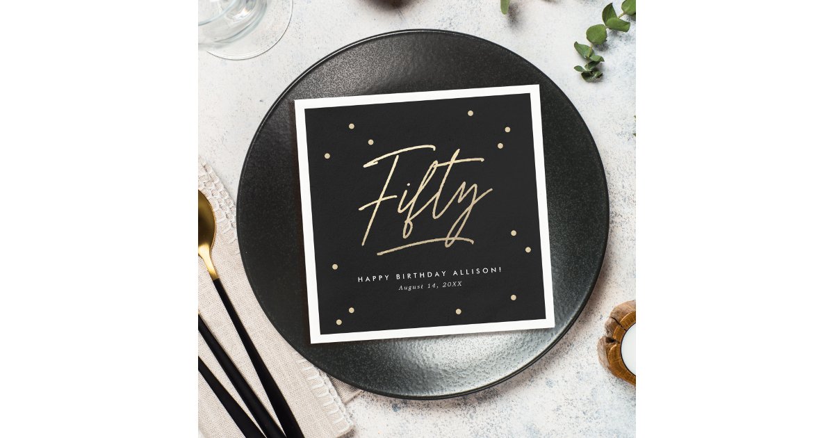 Modern Black Gold Calligraphy 50th Birthday Napkins | Zazzle