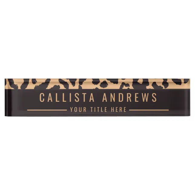Modern Black Gold Cheetah Leopard Animal Print Desk Name Plate | Zazzle