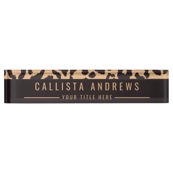 Modern Black Gold Cheetah Leopard Animal Print Desk Name Plate | Zazzle