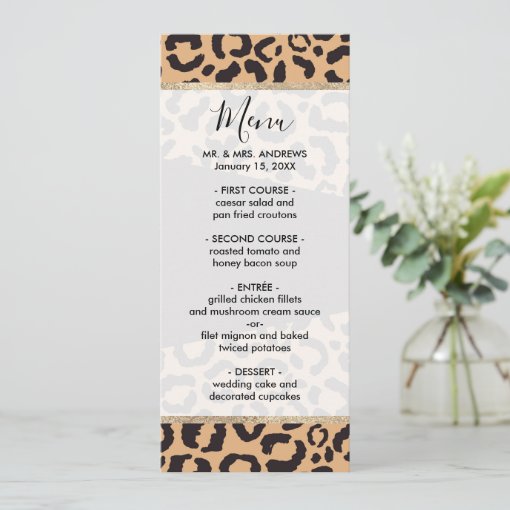 Modern Black Gold Cheetah Leopard Animal Print Menu | Zazzle