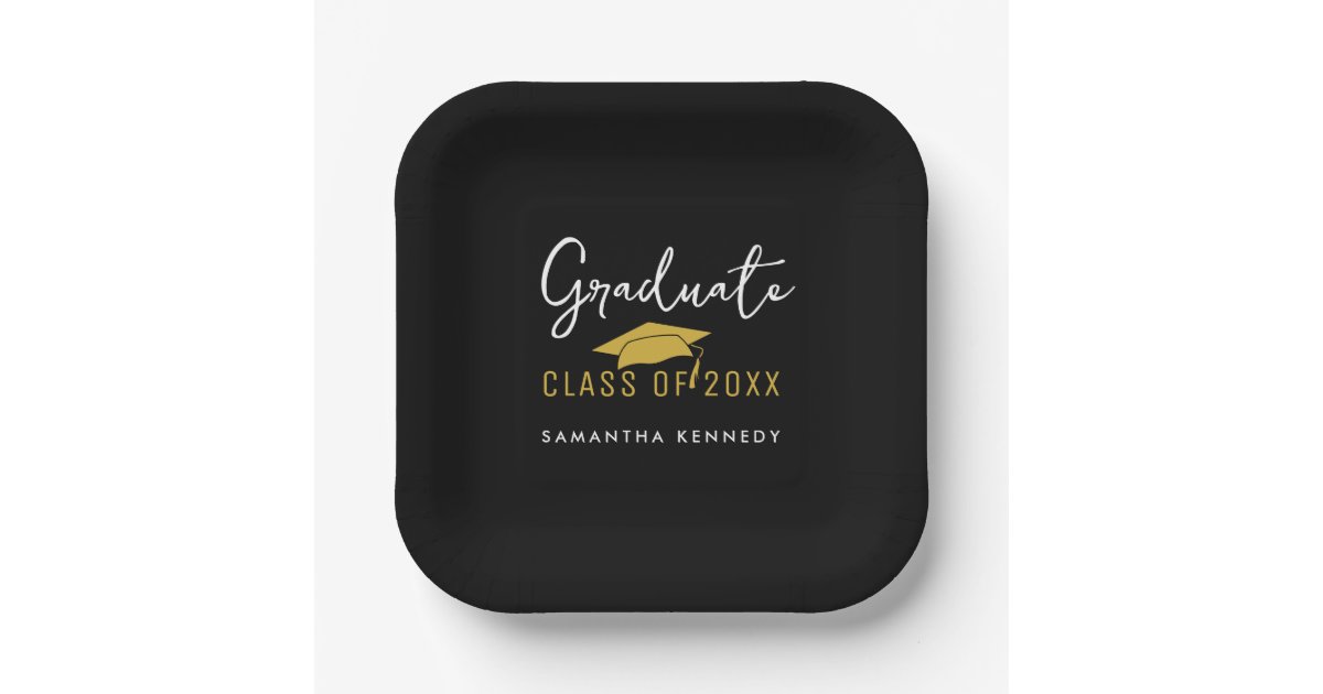 Modern Black & Gold Class of 2025 Graduation Cap Paper Plates | Zazzle