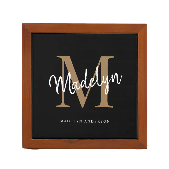 Modern Black Gold Elegant Monogram Script Name Desk Organizer | Zazzle