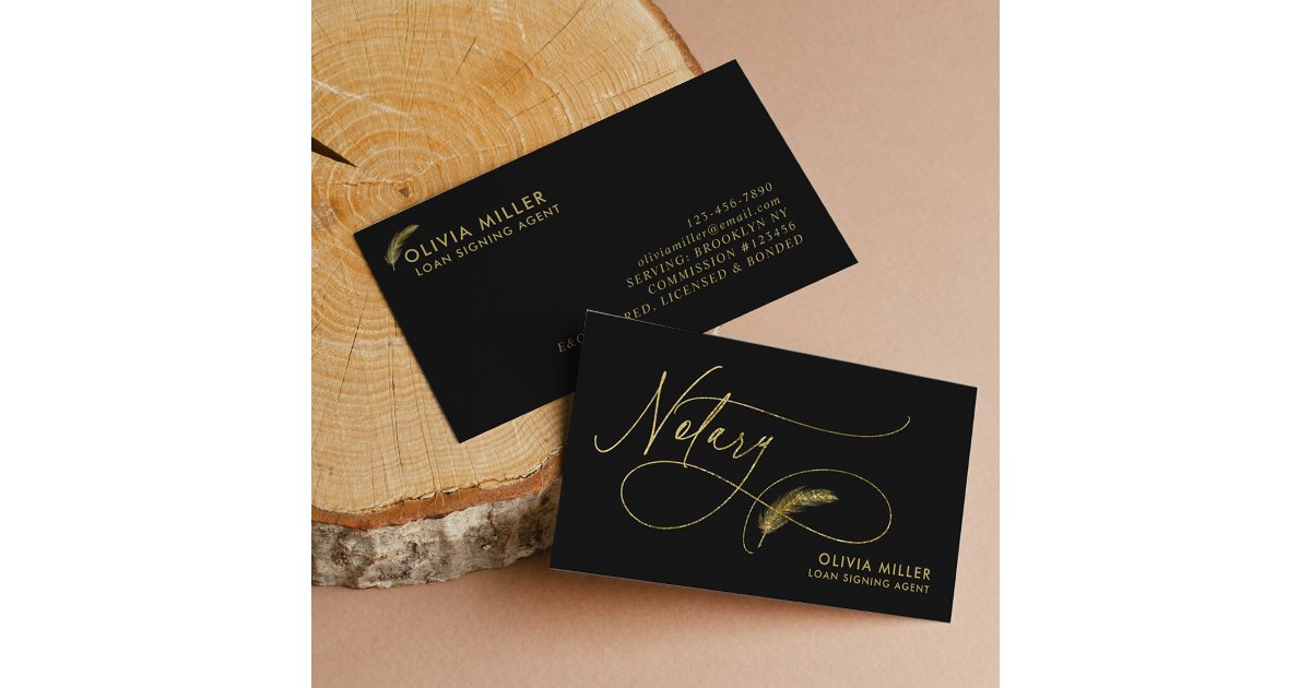 Modern Black Gold Feather Script Notary Loan Agent Business Card | Zazzle