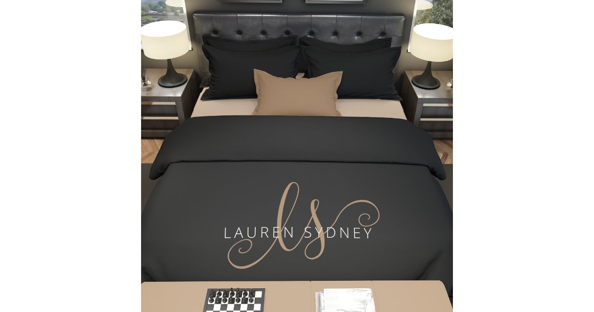 Modern Black Gold Feminine Script Monogrammed Duvet Cover | Zazzle