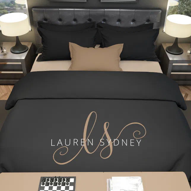 Modern Black Gold Feminine Script Monogrammed Duvet Cover | Zazzle
