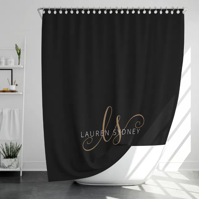 Modern Black Gold Feminine Script Monogrammed Shower Curtain Zazzle