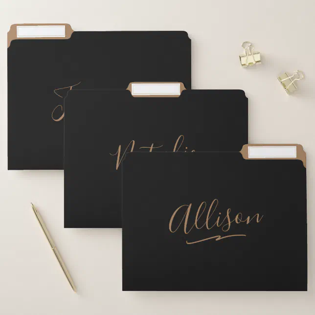 Modern Black Gold Feminine Script Name File Folder | Zazzle