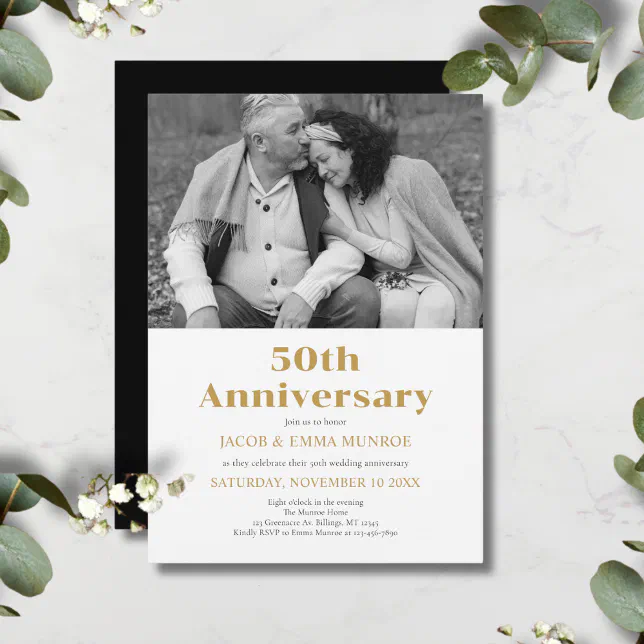 Modern Black Gold Fiftieth Anniversary Photo Invitation | Zazzle