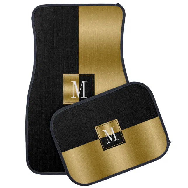 Modern black & gold geometric design monogram car mat | Zazzle