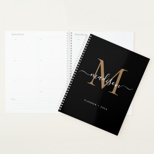 Modern Black Gold Girly Monogram Script Name 2024 Planner | Zazzle