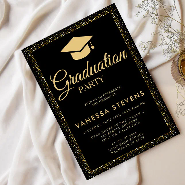 Modern Black Gold Glitter 24 Graduation Cap Party Invitation | Zazzle