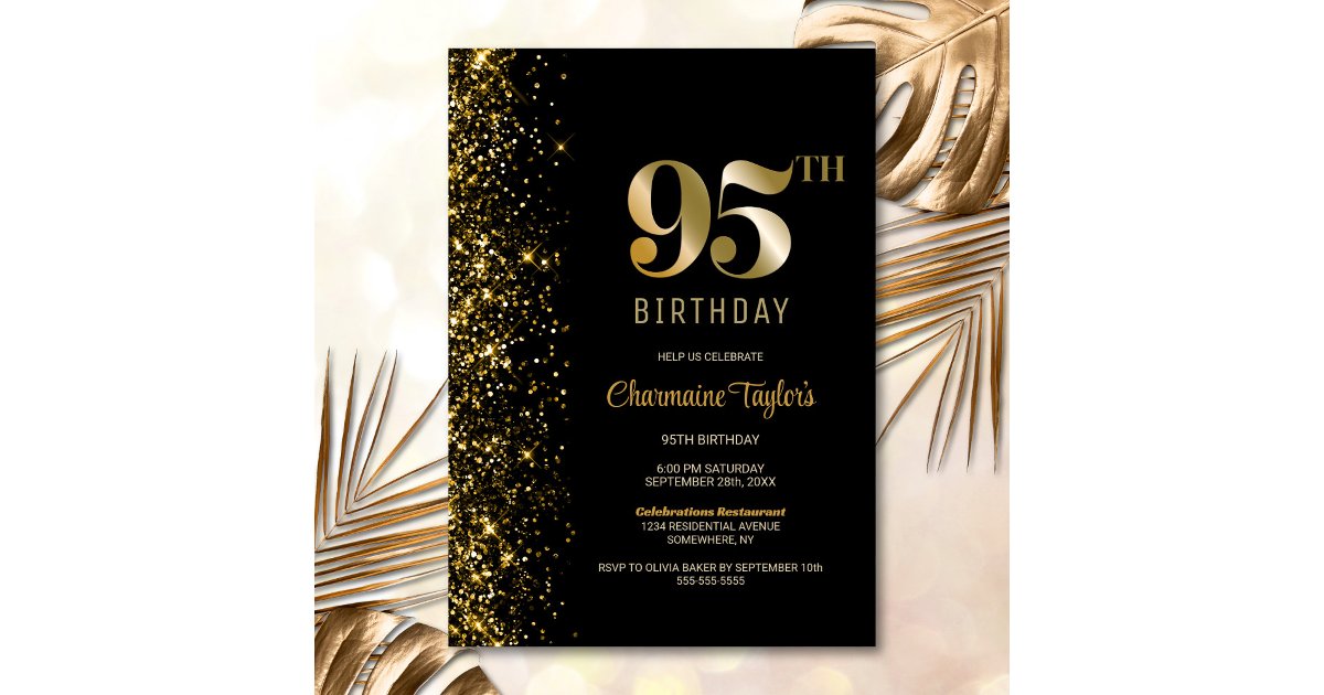 Modern Black Gold Glitter 95th Birthday Party Invitation | Zazzle