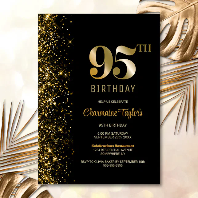 Modern Black Gold Glitter 95th Birthday Party Invitation | Zazzle