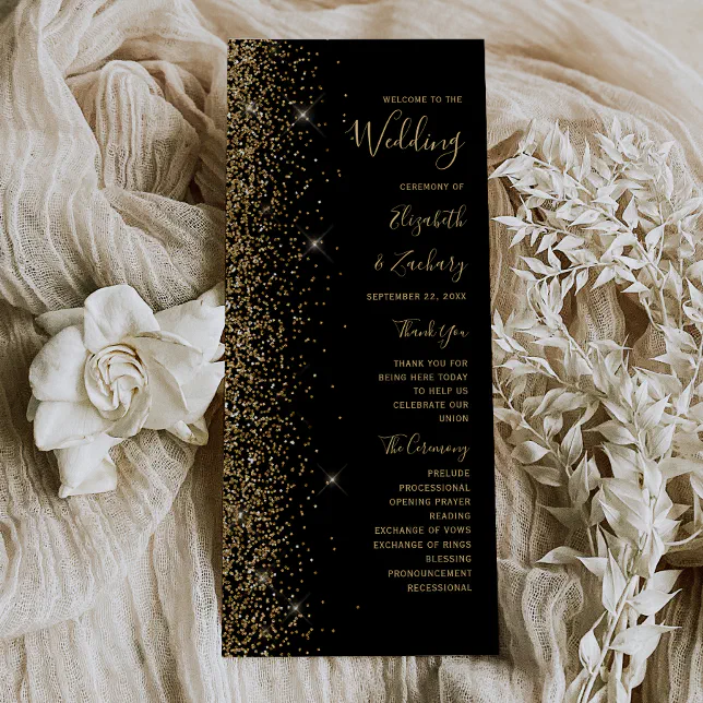Modern Black Gold Glitter Edge Wedding Program | Zazzle
