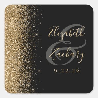 Modern Black Gold Glitter Edge Wedding Square Sticker | Zazzle