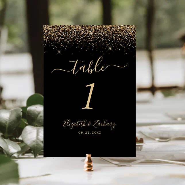 Modern Black Gold Glitter Edge Wedding Table Number | Zazzle