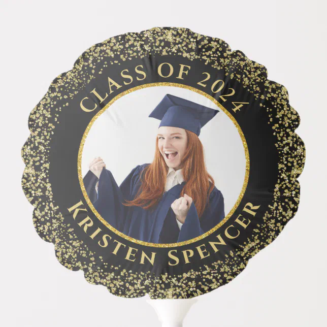 Modern Black Gold Glitter Grad Photo Graduation Balloon | Zazzle