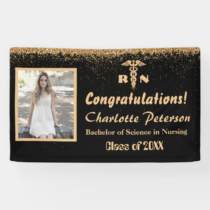 Modern Black & Gold Glitter Nurse Graduation Banner | Zazzle