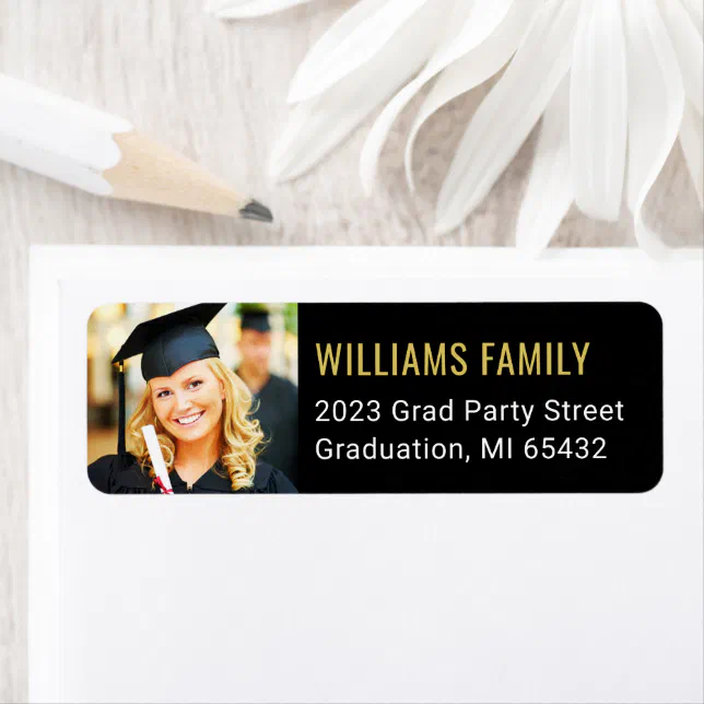 Modern Black Gold Graduation Photo Return Address Label | Zazzle