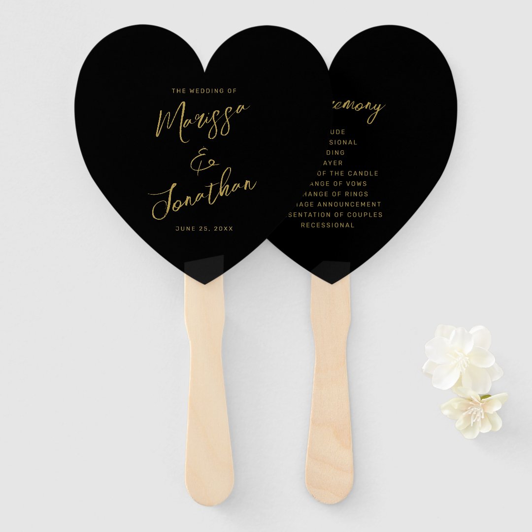 Modern Black Gold Hand Lettered Wedding Program Hand Fan | Zazzle