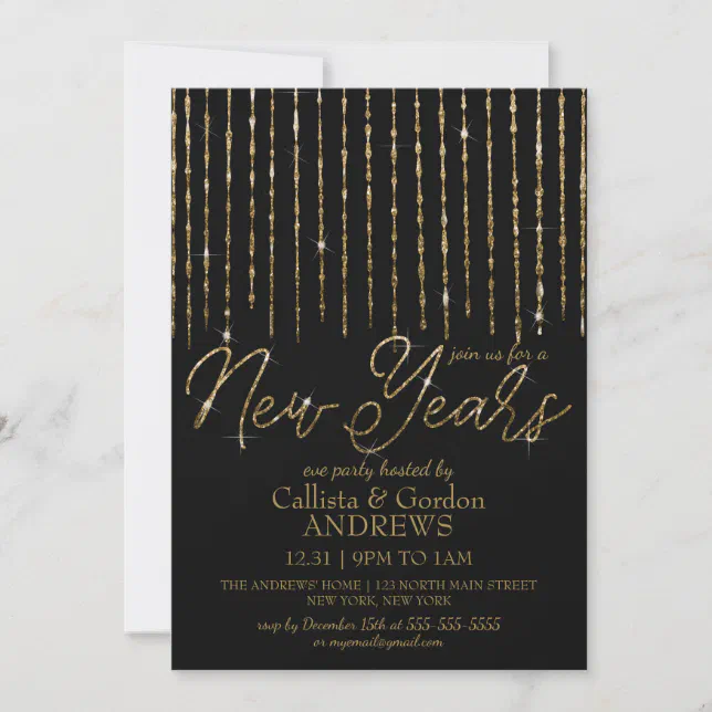 Modern Black Gold Hanging Glitter New Years Eve Invitation | Zazzle