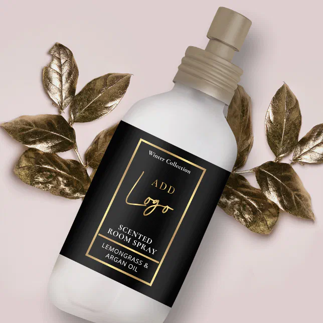 Modern Black & Gold Logo Room Spray Bottle Label | Zazzle