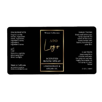 Modern Black & Gold Logo Room Spray Bottle Label | Zazzle