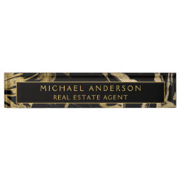 Modern Black Gold Marble Stone Custom Minimalist Desk Name Plate | Zazzle