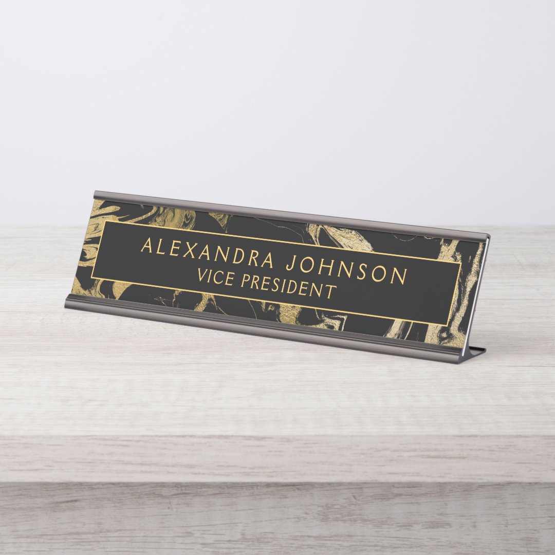 Modern Black Gold Marble Stone Custom Minimalist Desk Name Plate | Zazzle