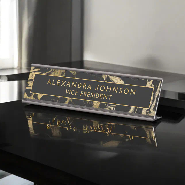 Modern Black Gold Marble Stone Custom Minimalist Desk Name Plate | Zazzle