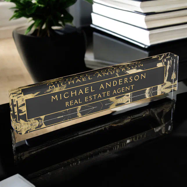 Modern Black Gold Marble Stone Custom Minimalist Desk Name Plate | Zazzle