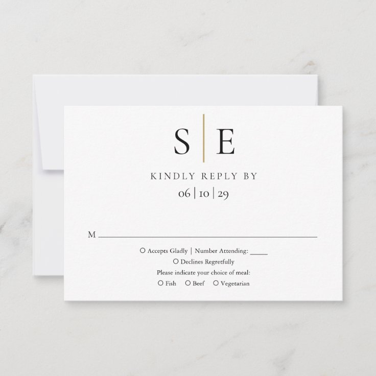 Modern Black Gold Minimalist Monogram Wedding RSVP | Zazzle