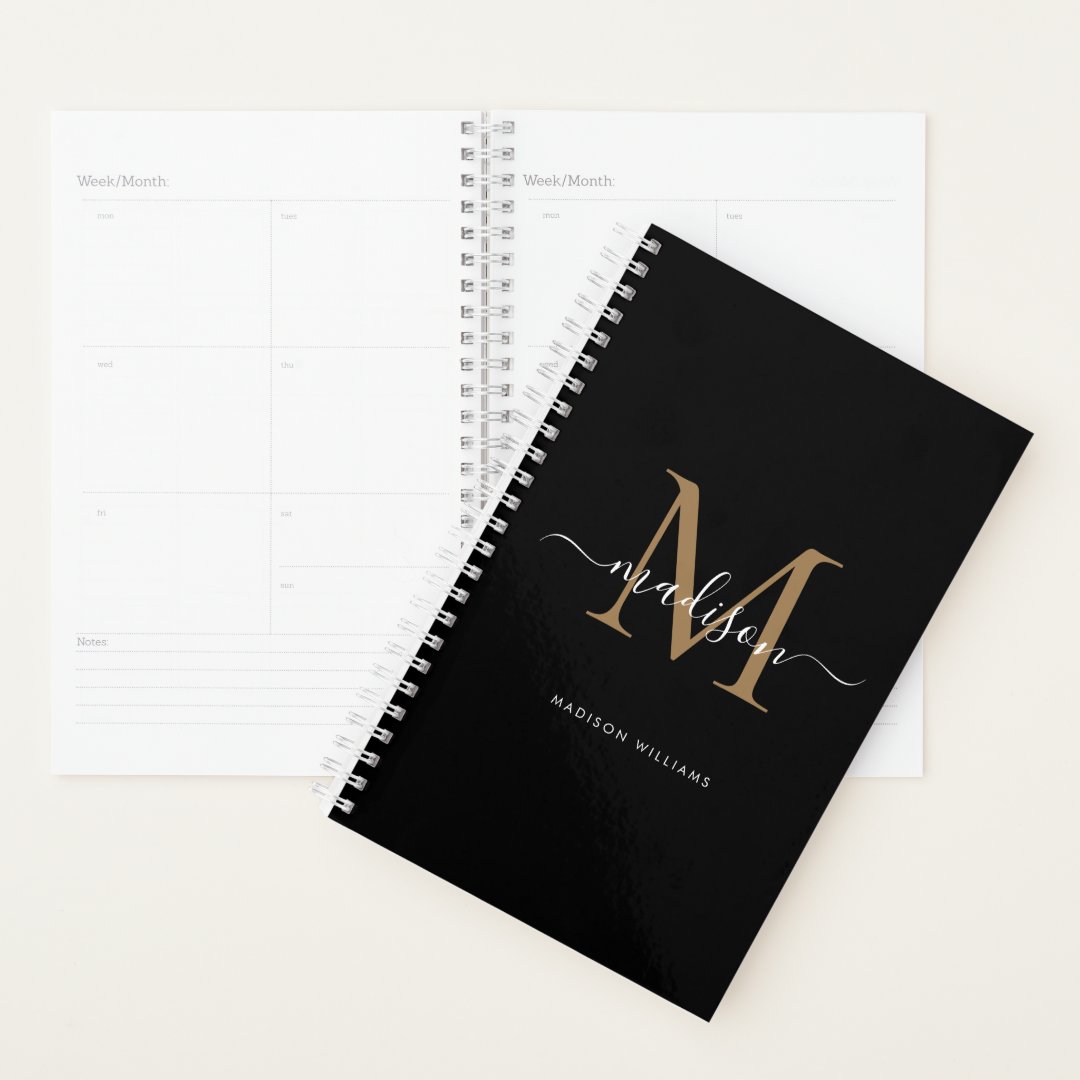 Modern Black Gold Monogram Elegant Script Name Planner | Zazzle