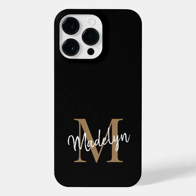 Modern Black Gold Monogram Feminine Script Name iPhone Case | Zazzle