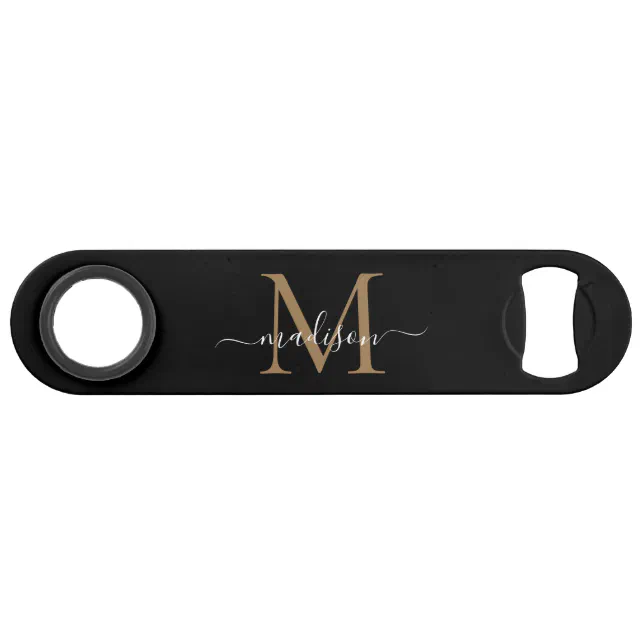 Modern Black Gold Monogram Girly Elegant Script Bar Key | Zazzle