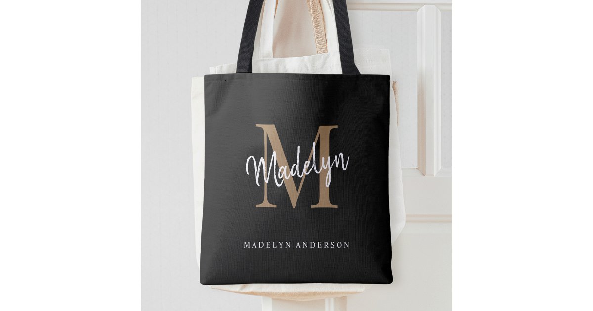 Modern Black Gold Monogram Script Name Initial Tote Bag | Zazzle
