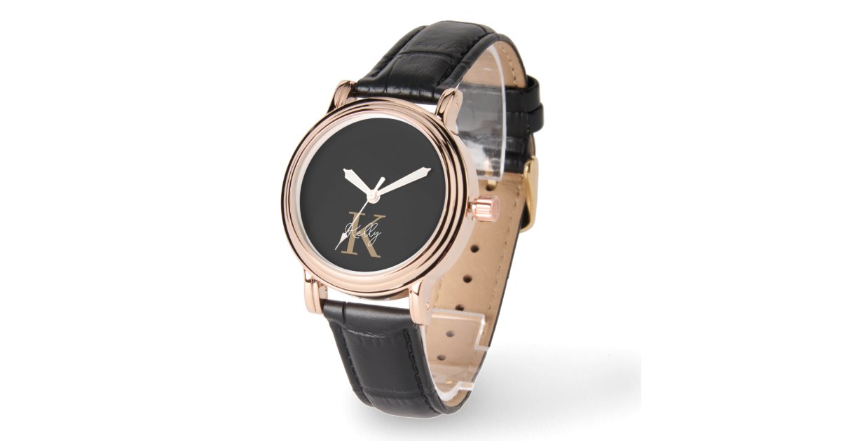 Modern Black Gold Monogram Script Watch | Zazzle