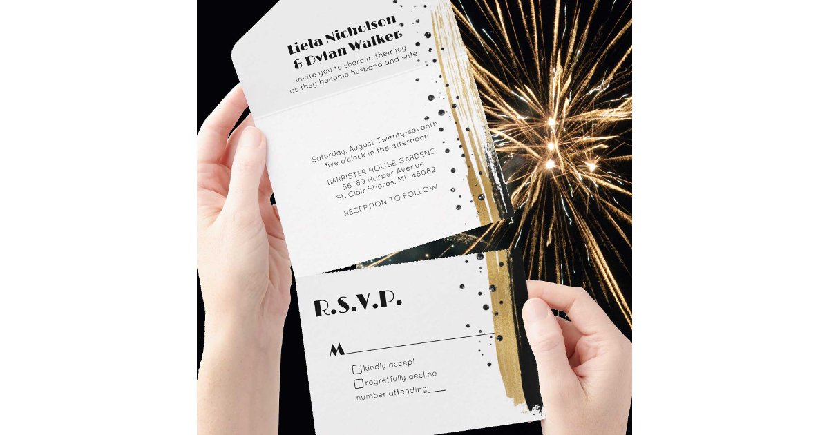Modern Black Gold Paint Swash Border Wedding All In One Invitation | Zazzle