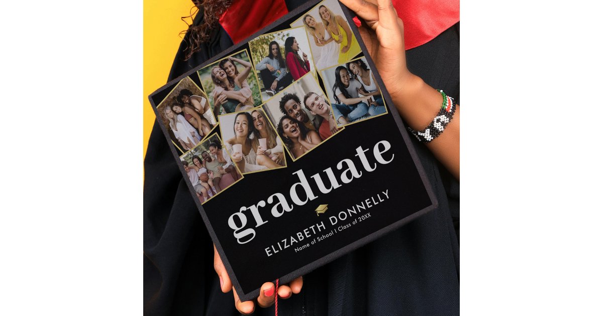 Modern Black Gold Photo Collage Graduation Cap Topper | Zazzle