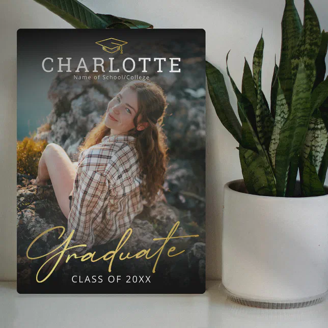 Modern Black Gold Photo Graduate Plaque | Zazzle