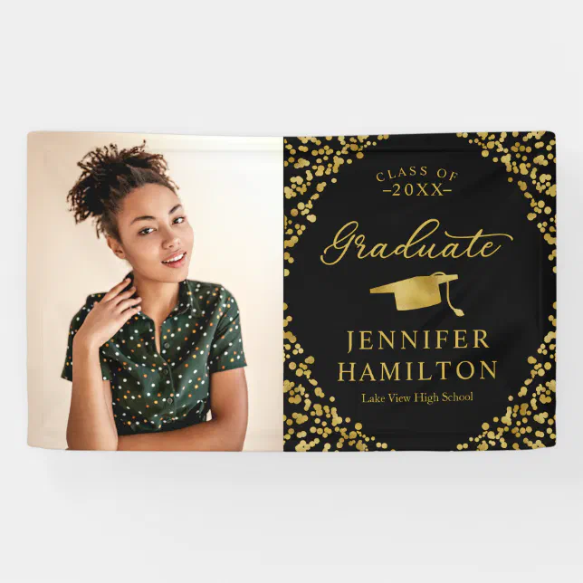Modern Black Gold Photo Graduation Banner | Zazzle